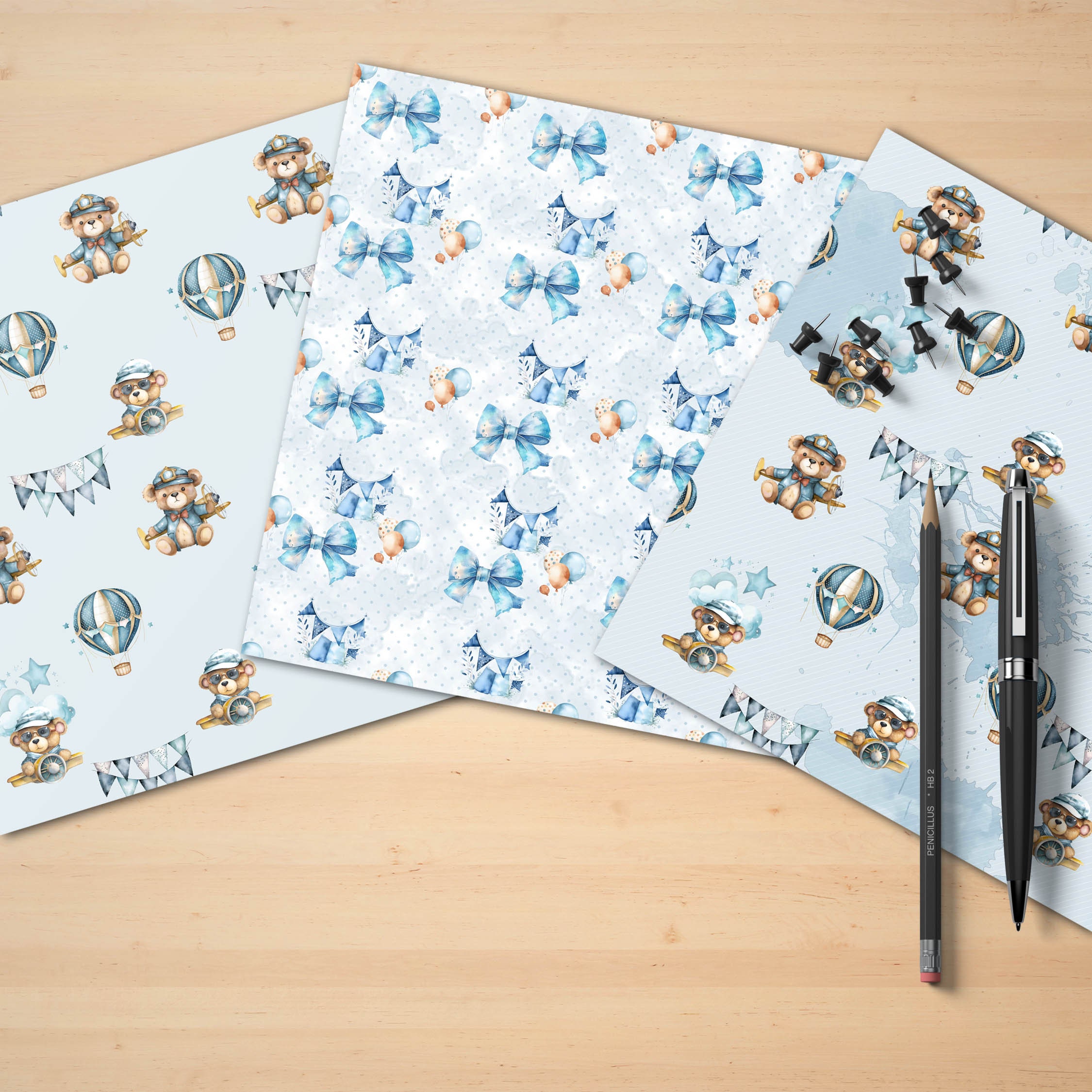 14 Digital Paper Blue Baby Boy Scrapbook Teddy Bear Paper Digital ...