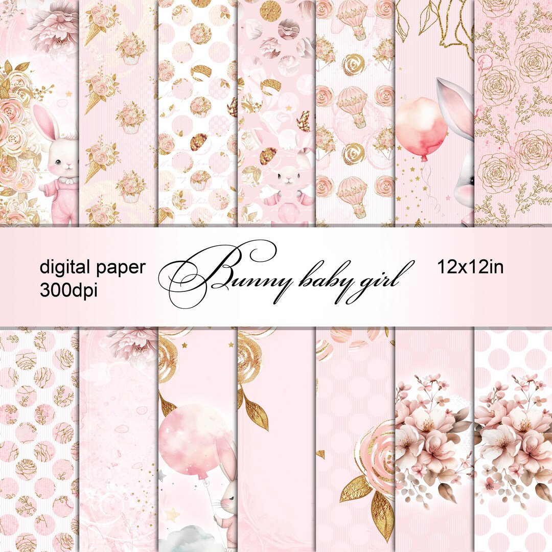 14 Digital Paper Pink Baby Girl Scrapbook Bunny Paper Digital ...
