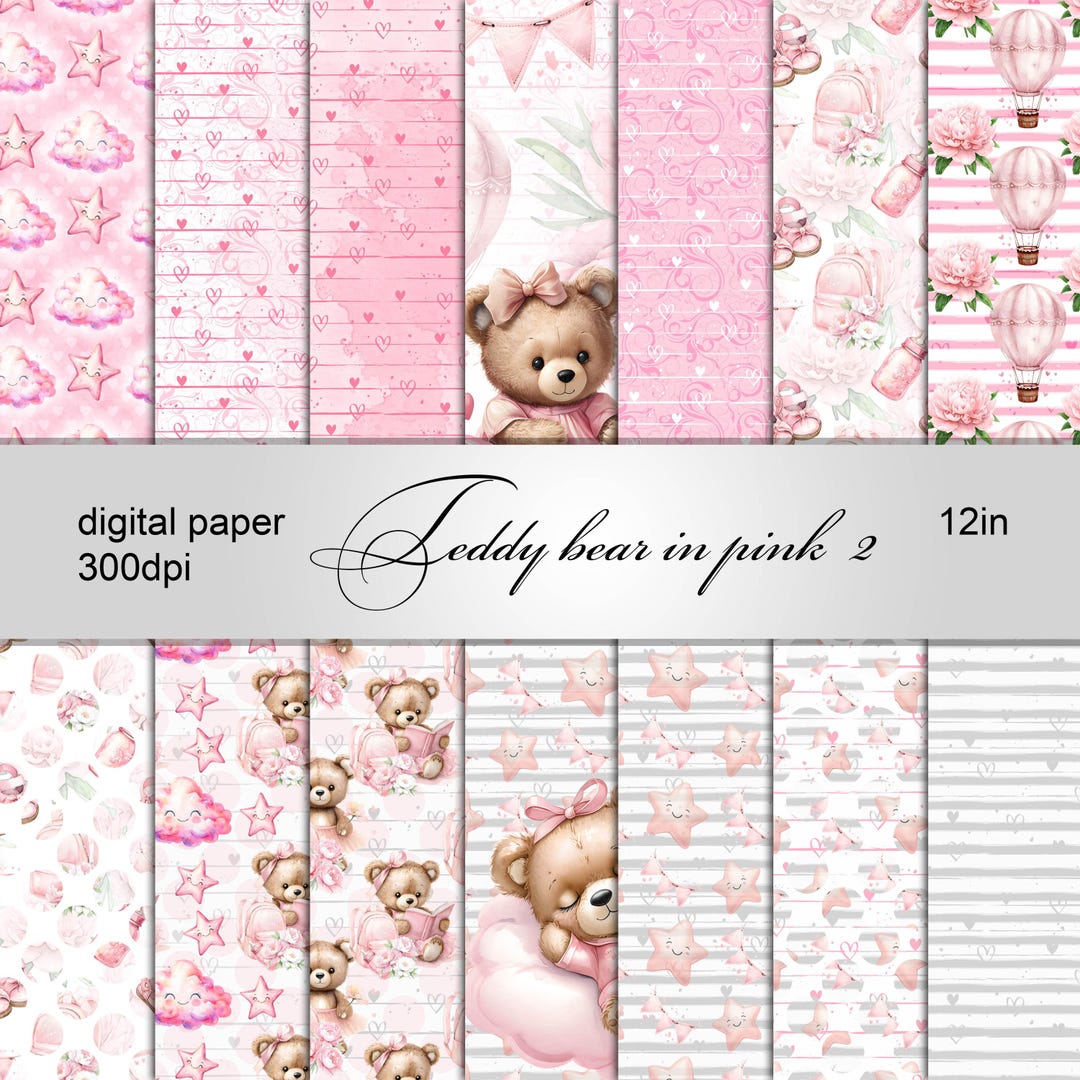 14 Digital Paper Pink Baby Girl Cloud Star Teddy Bear Paper Digital ...