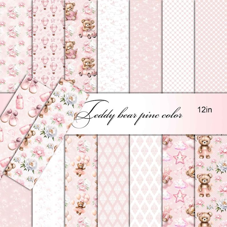 Digital Paper Pink Baby Girl Scrapbook Teddy Bear Paper Background ...