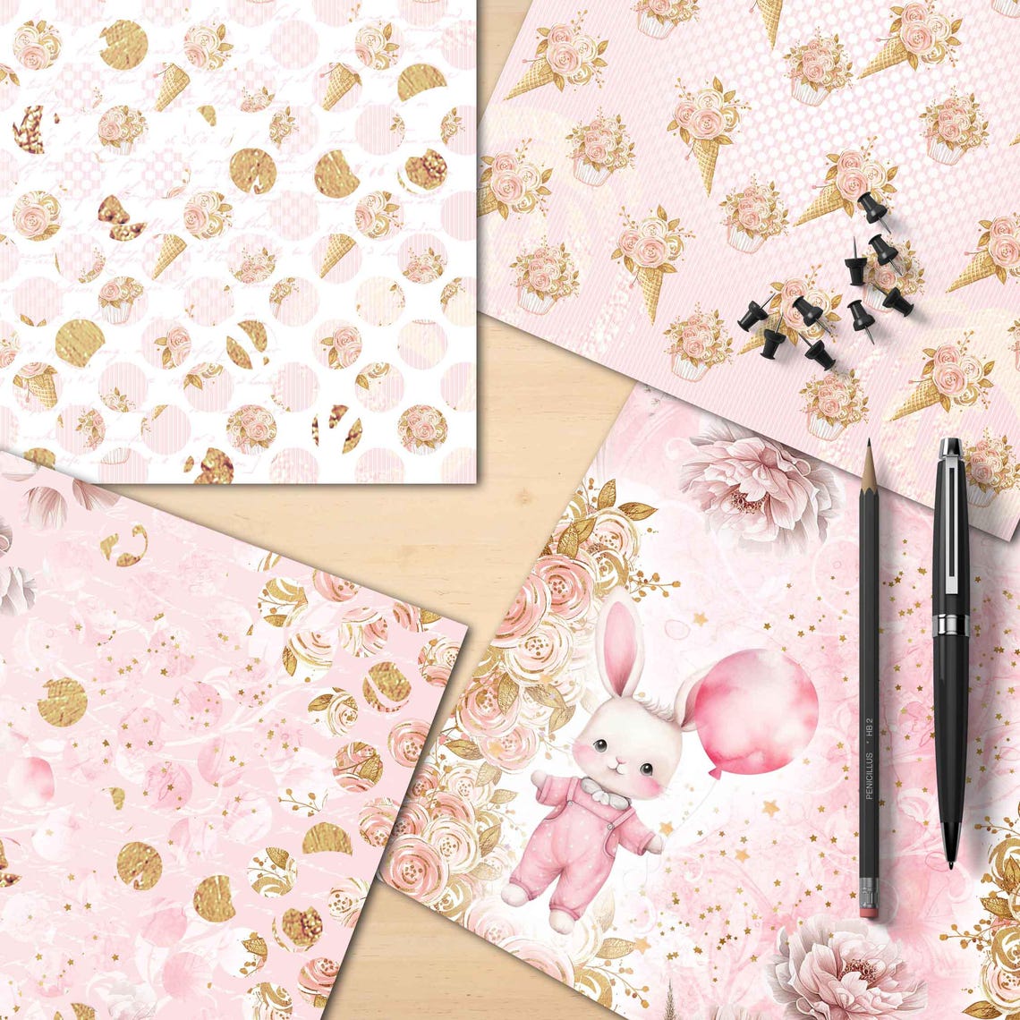 14 Digital Paper Pink Baby Girl Scrapbook Bunny Paper Digital ...