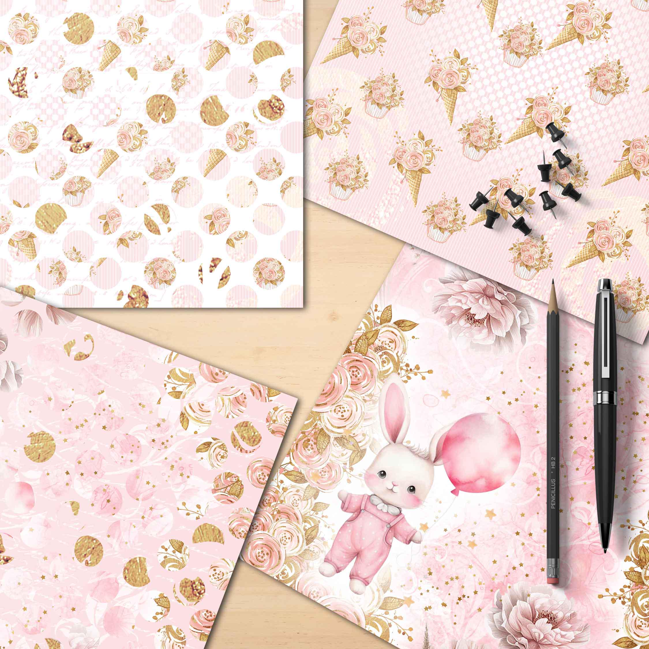 14 Digital Paper Pink Baby Girl Scrapbook Bunny Paper Digital ...