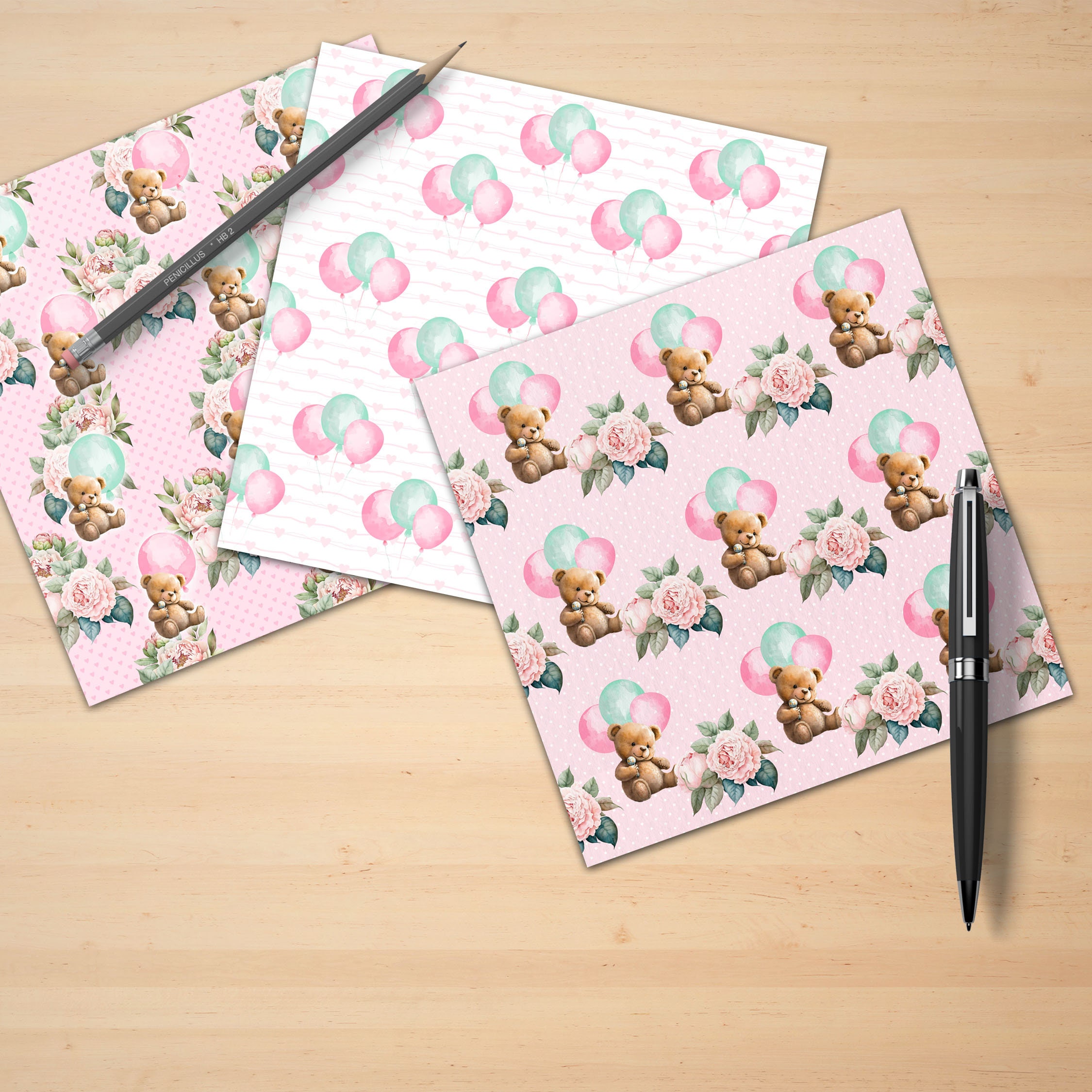 Girl Digital Paper Roses Teddy Bear Digital Pattern Paper Pack Digital ...