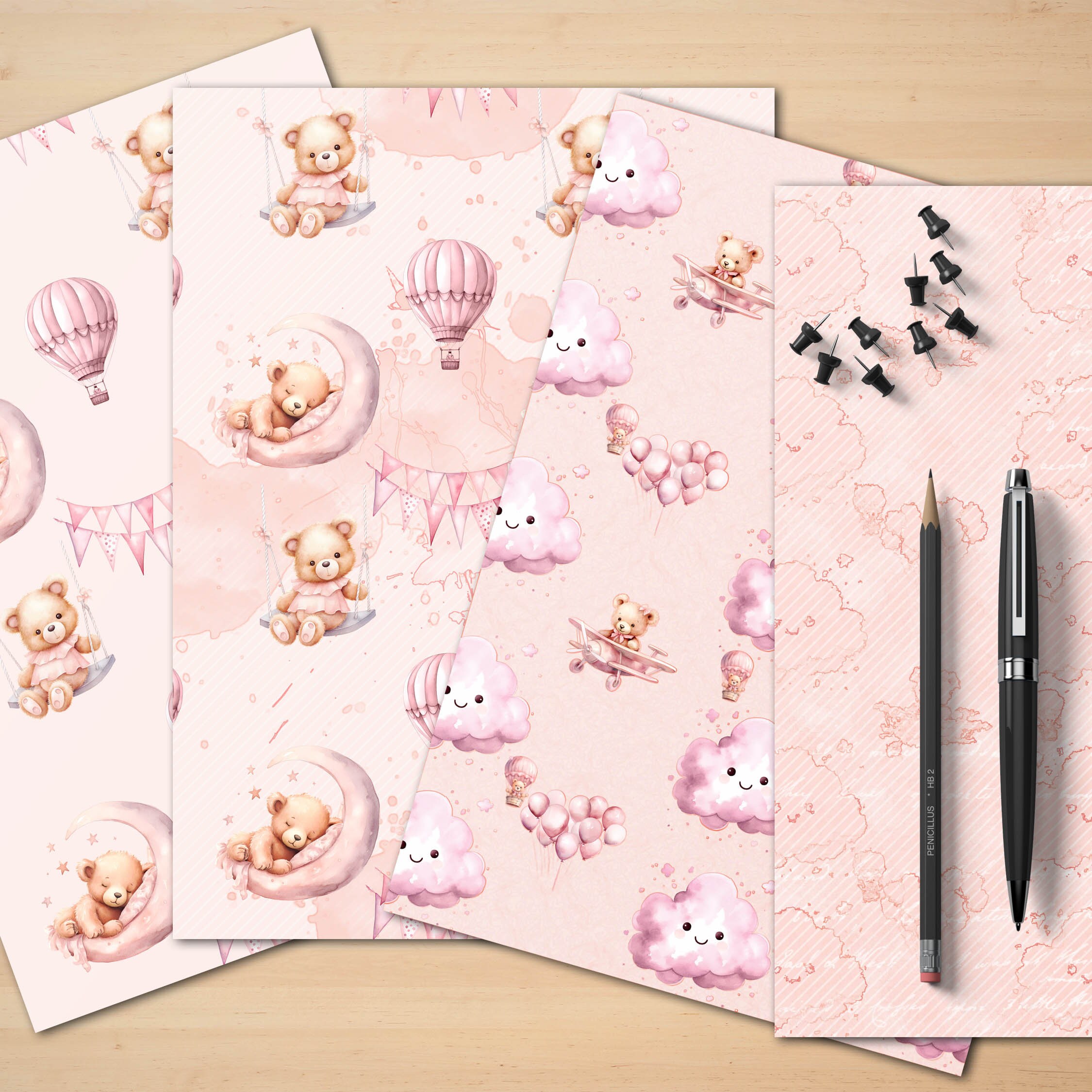 14 A4 Digital Paper Pink Baby Girl Scrapbook Teddy Bear Paper Digital ...