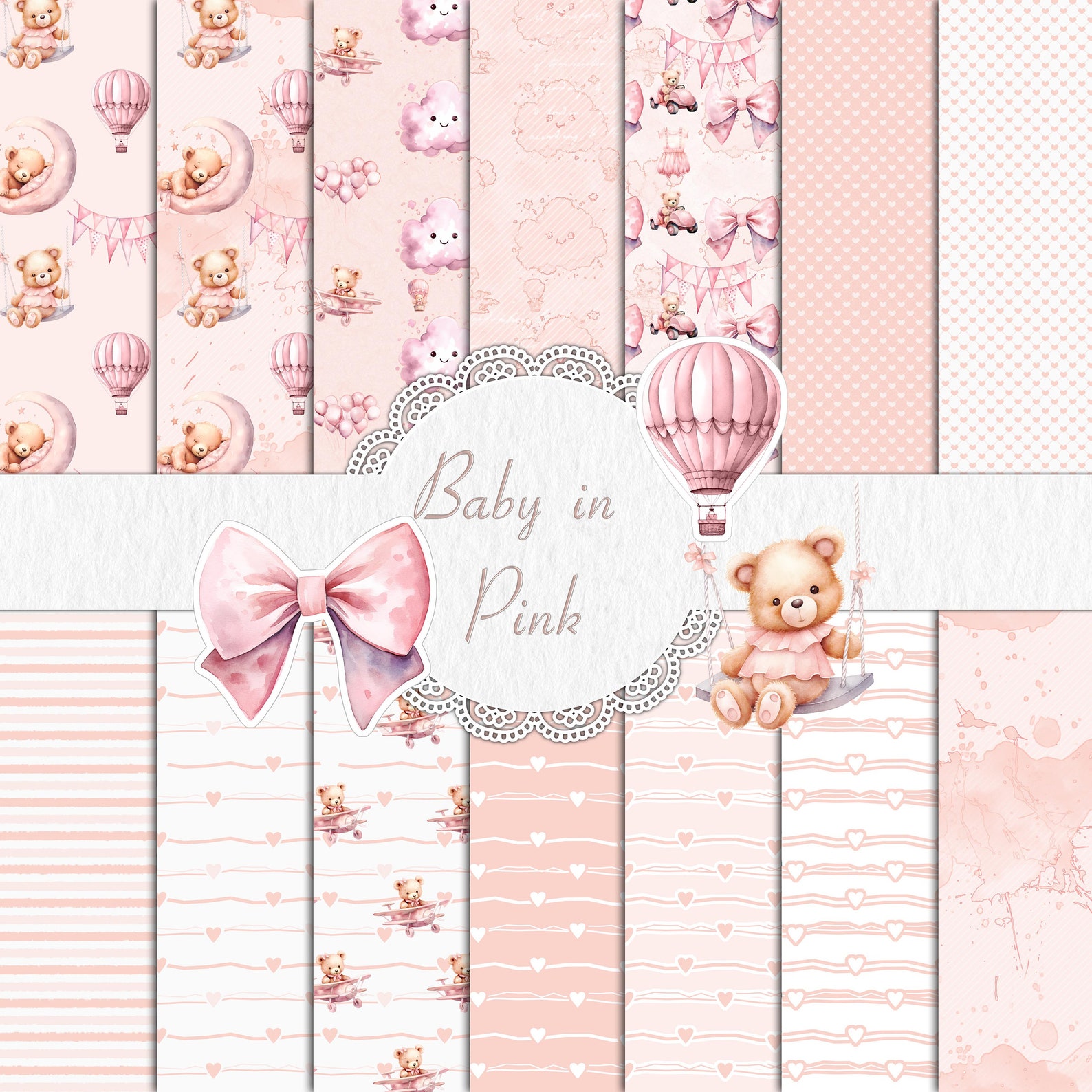 14 A4 Digital Paper Pink Baby Girl Scrapbook Teddy Bear Paper Digital ...
