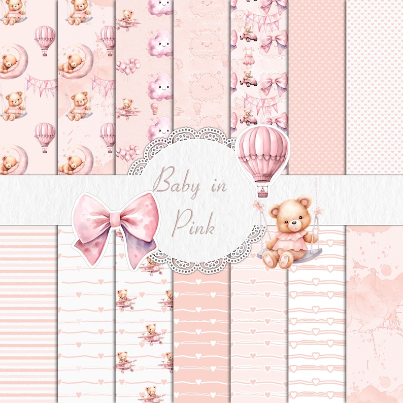 14 A4 Digital Paper Pink Baby Girl Scrapbook Teddy Bear Paper Digital ...