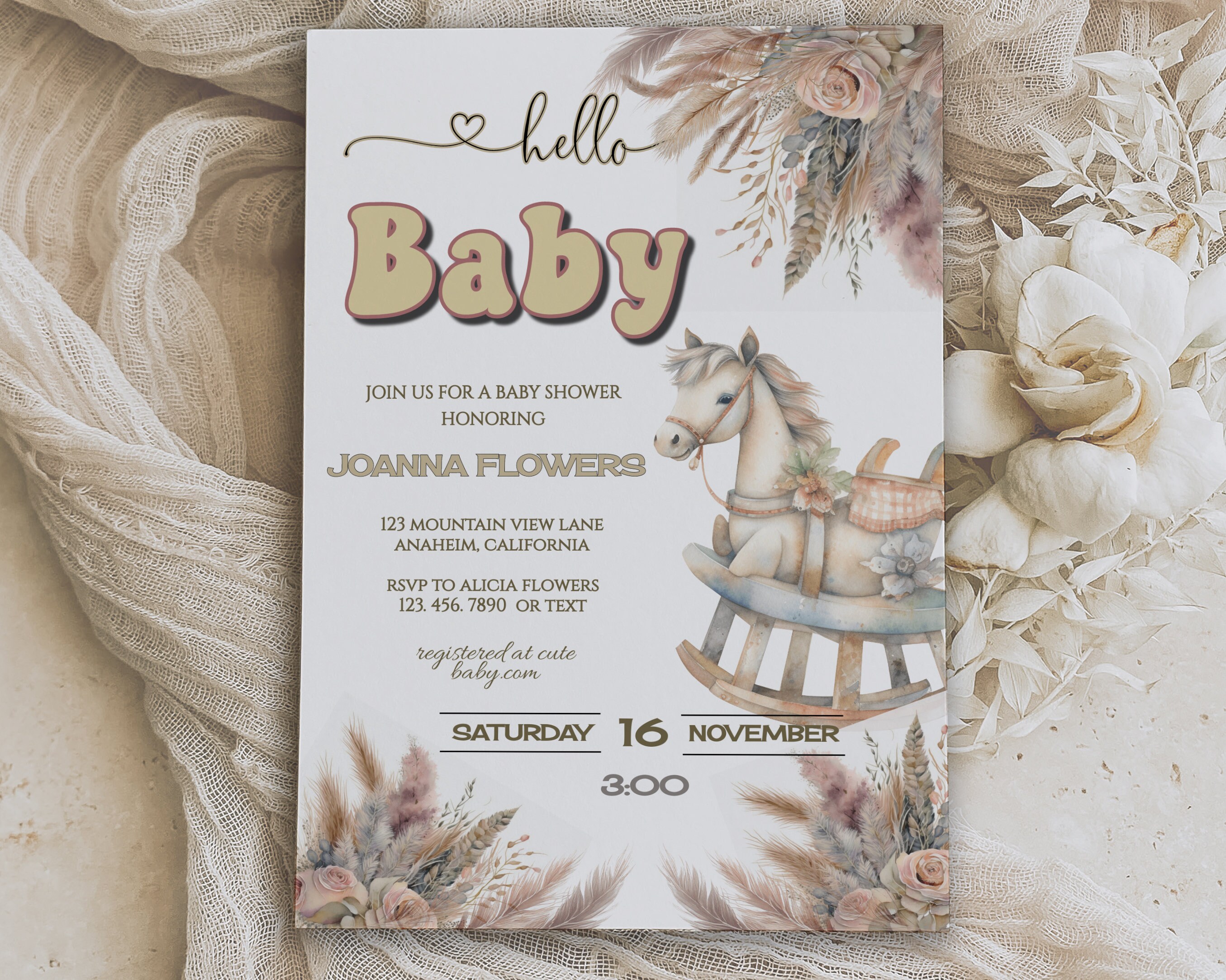 Editable BOHO BABY SHOWER Invitation, Pampas Grass, Earth Tone Floral ...