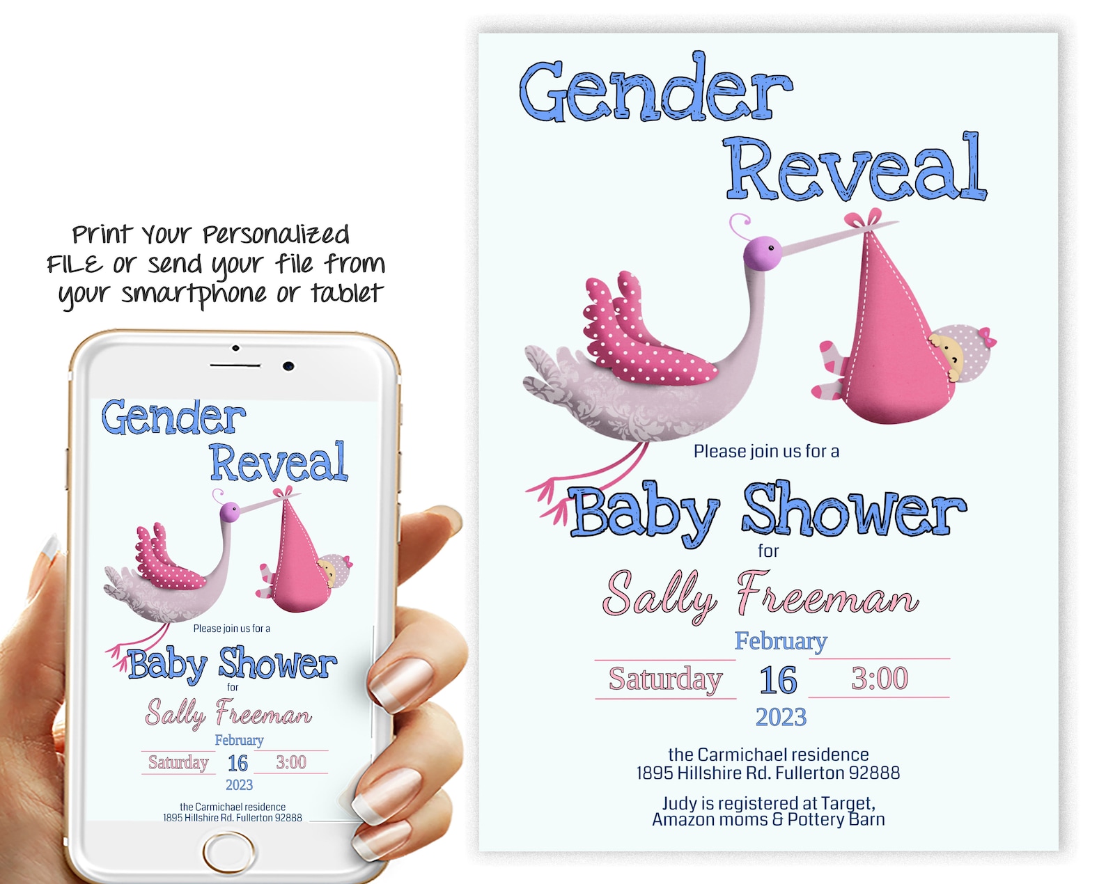 Editable GENDER REVEAL Baby Shower Invite, Stork Delivering Baby ...