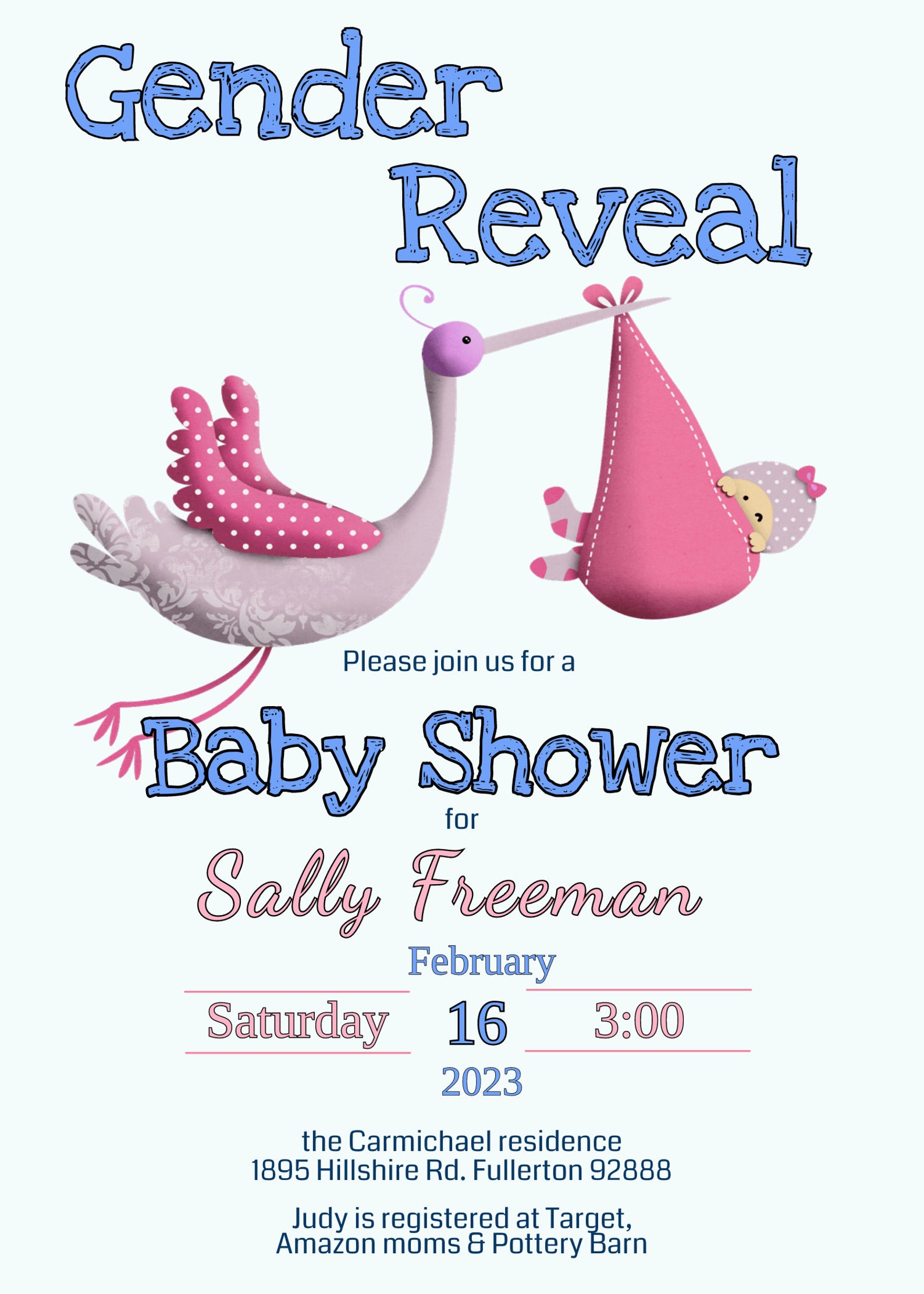 Editable GENDER REVEAL Baby Shower Invite, Stork Delivering Baby ...