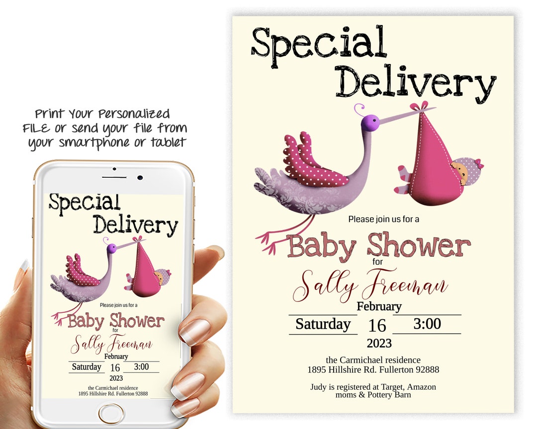 Editable "special Delivery" Baby Shower Invite, Stork Delivering Baby ...