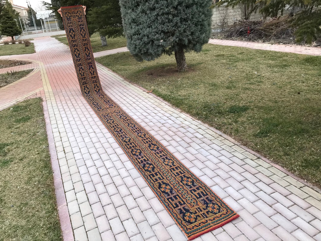 Vintage Wool Rug Runner: Extra Long Patchwork Hallway Stair Rug (1.6x21 ...