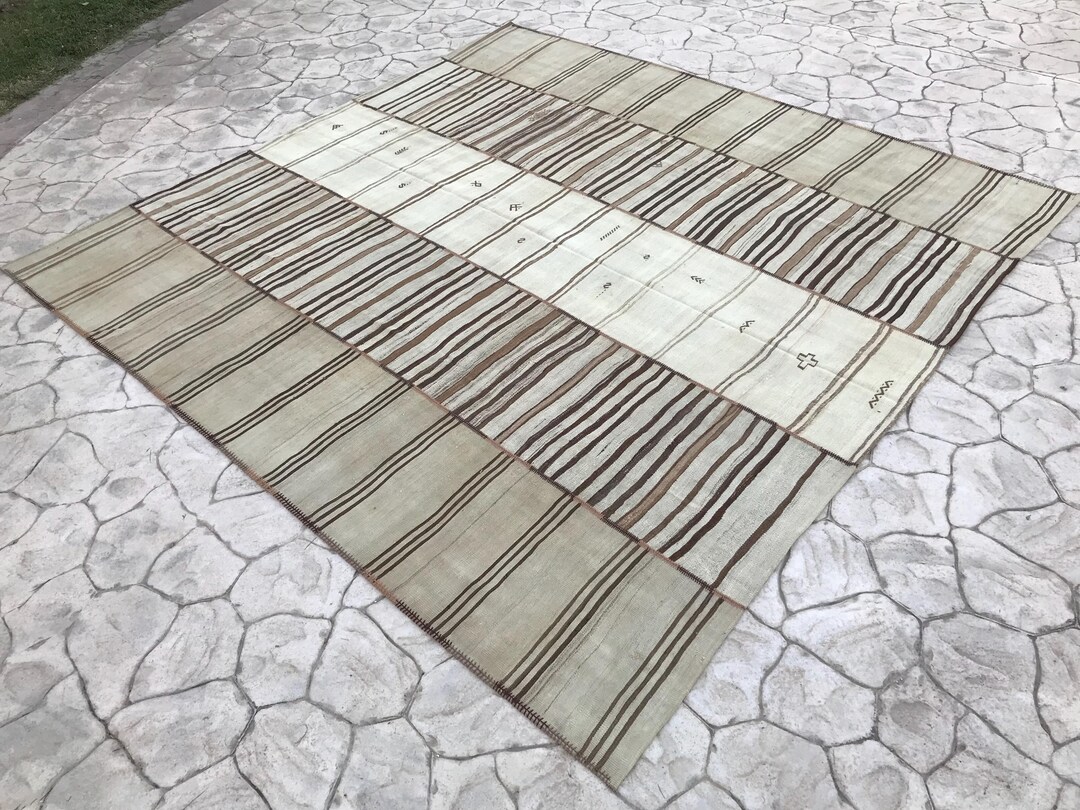 Oversize Natural Rug , 10x11 Square Area Rug , Minimalist Stripe Kilim ...
