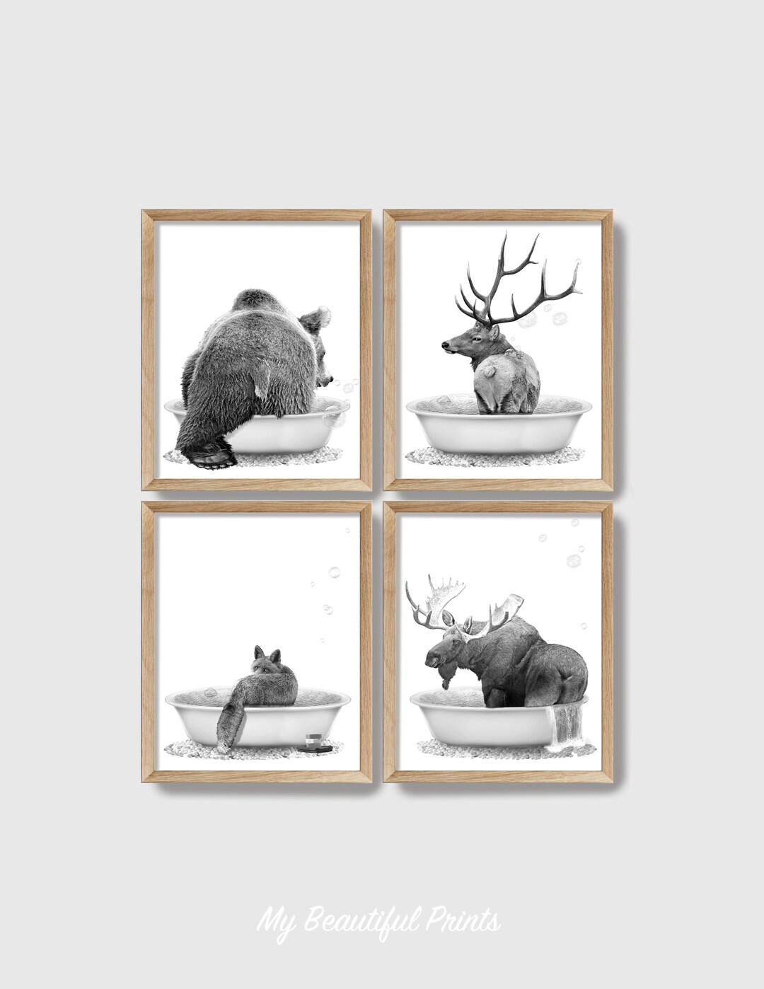 Bathtub Woodland Animal Butt Set of 4 Prints, Rustic Log Cabin Moose ...