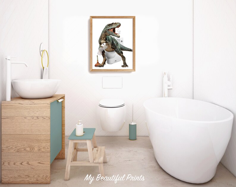 T-rex on Toilet Print, Quirky Dinosaur Bathroom Decor, Funny Animal Art ...