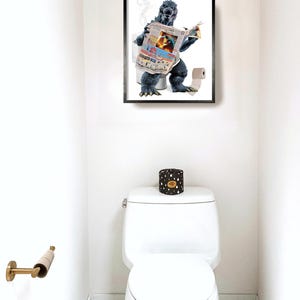 Godzilla Toilet Print, Quirky Newspaper Bathroom Decor, Cute Reptile ...