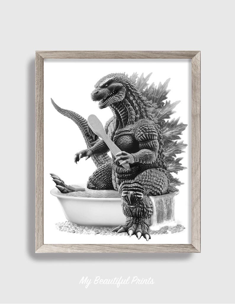 Black and White Godzilla Bathroom Prints, Quirky Monster Wall Art Set ...