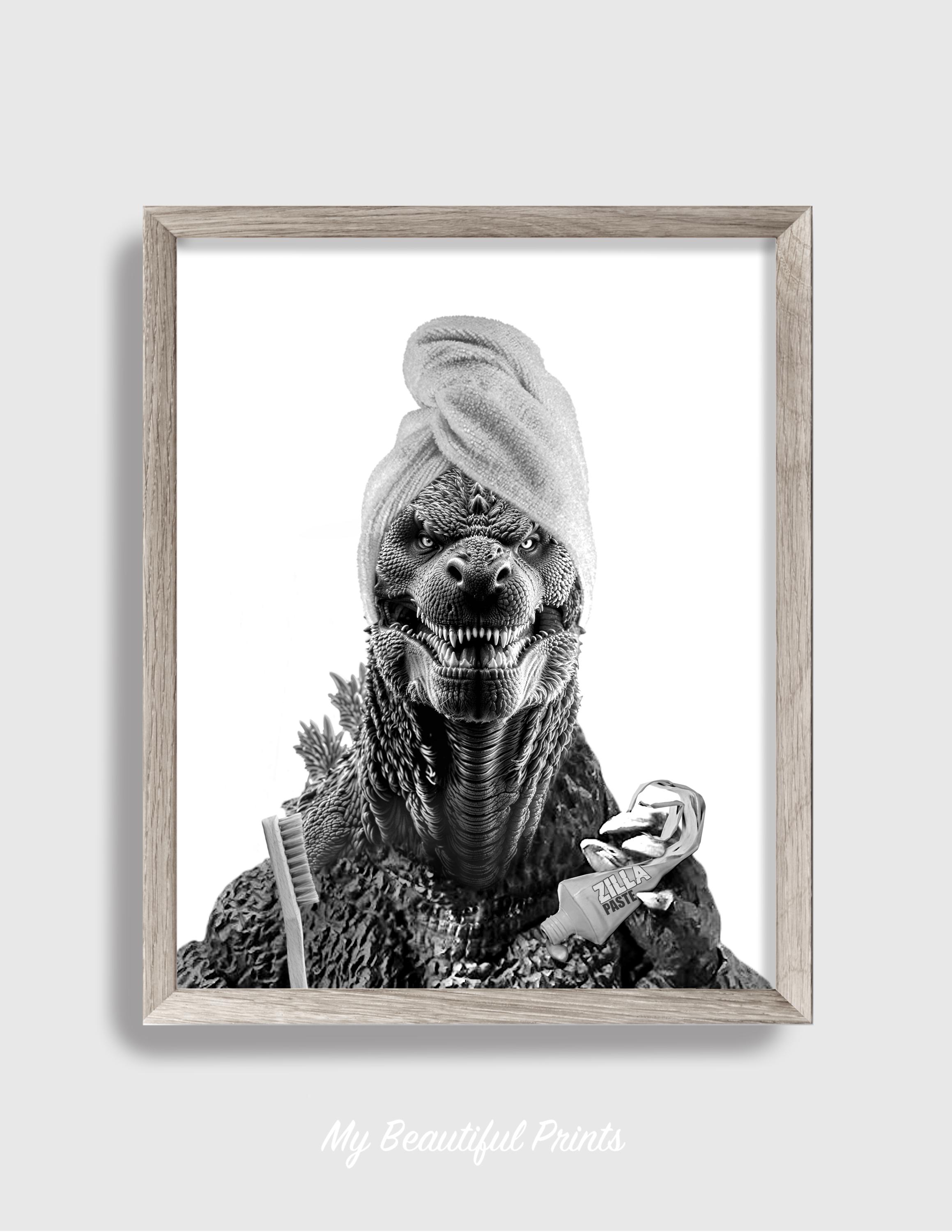 Black and White Godzilla Bathroom Prints, Quirky Monster Wall Art Set ...