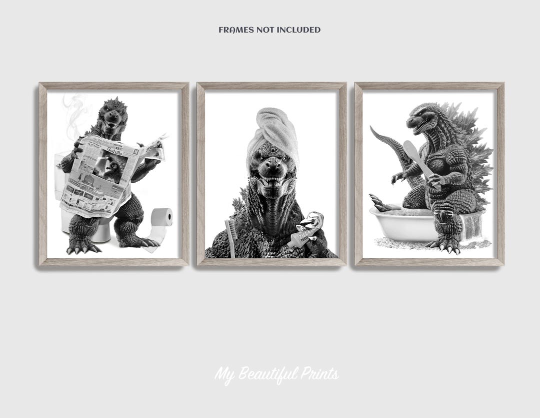 Black and White Godzilla Bathroom Prints, Quirky Monster Wall Art Set ...