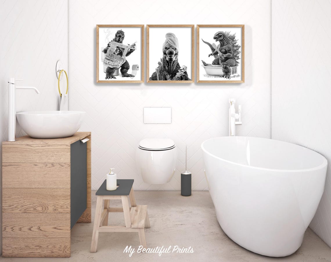 Black and White Godzilla Bathroom Prints, Quirky Monster Wall Art Set ...
