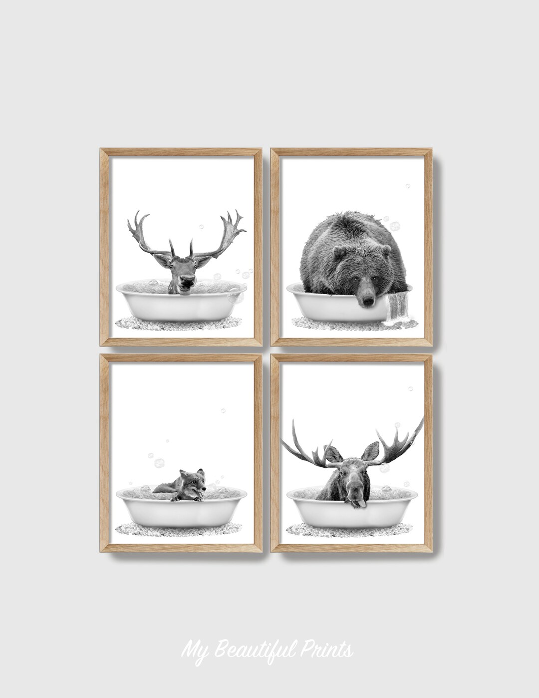 Bathtub Woodland Animal Peek Set of 4 Prints, Moose Decor, Rustic Log ...