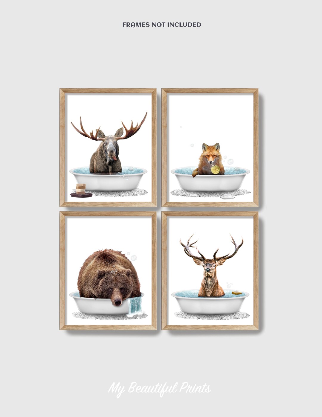 Bathtub Woodland Animals Set of 4 Prints, Moose Decor, Rustic Log Cabin ...