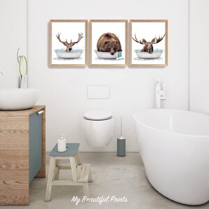 Moose Cabin Decor, Bathtub Woodland Animals Set of 3 Prints, Rustic Tub ...