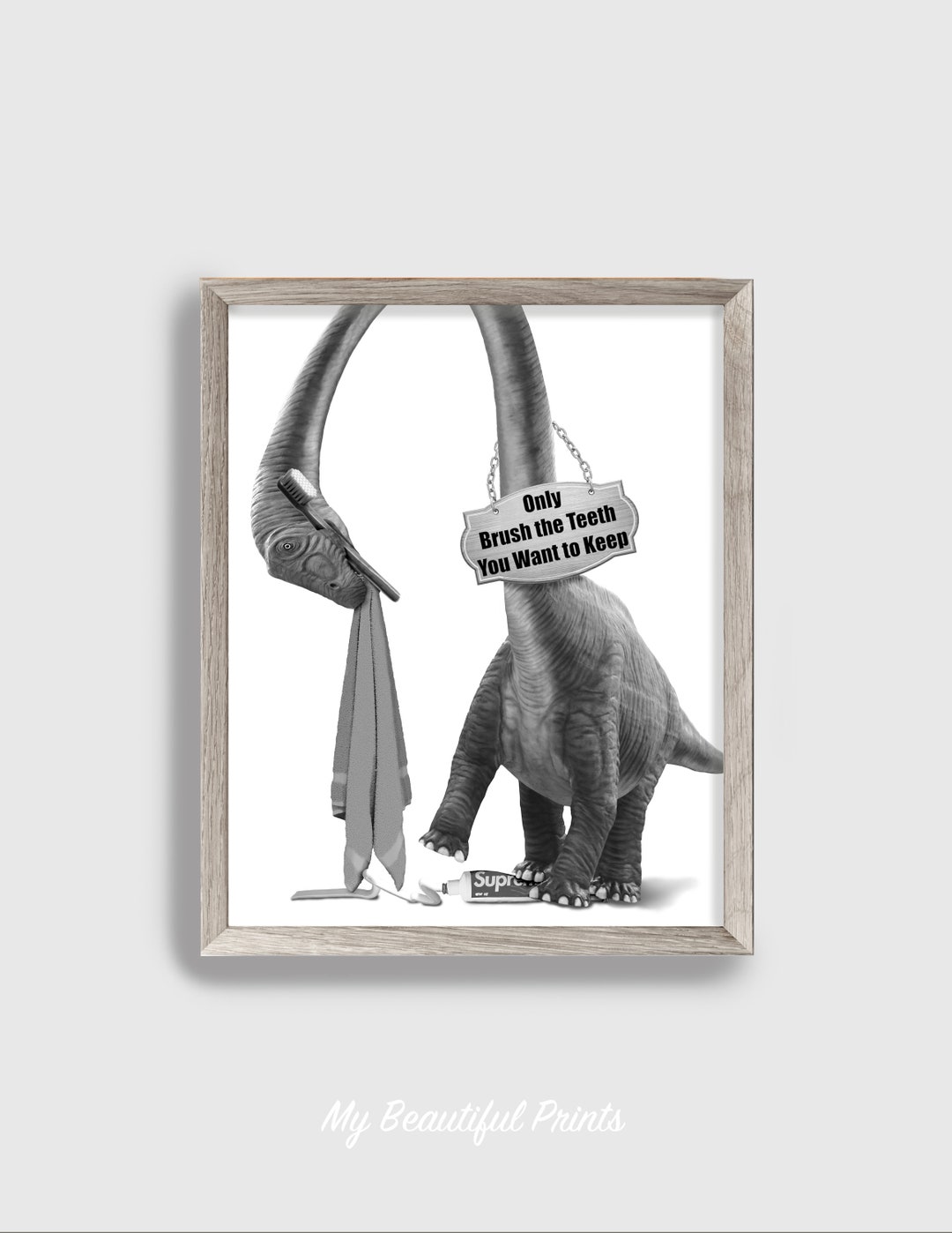 Black and White Dinosaur Brush Teeth Print, Brontosaurus Decor, Cute ...