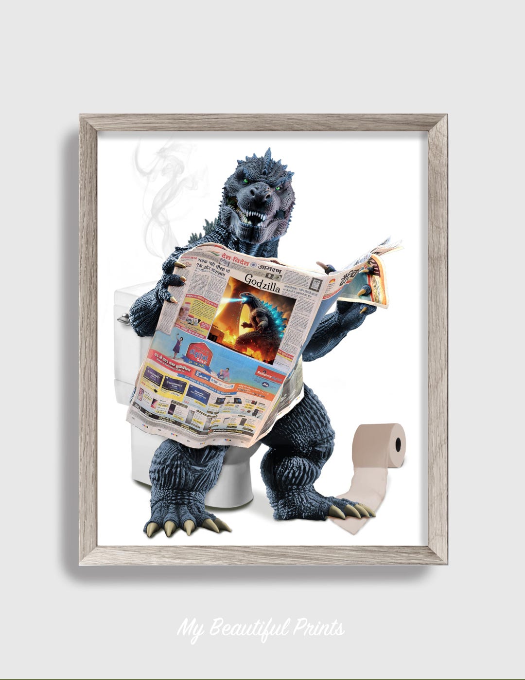 Godzilla Toilet Print, Quirky Newspaper Bathroom Decor, Cute Reptile ...