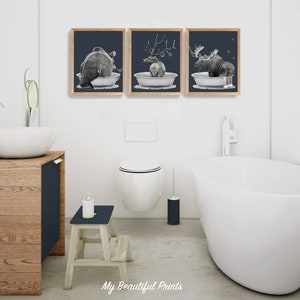 Navy Bathtub Woodland Animal Butt Set of 3 Prints, Rustic Log Cabin ...
