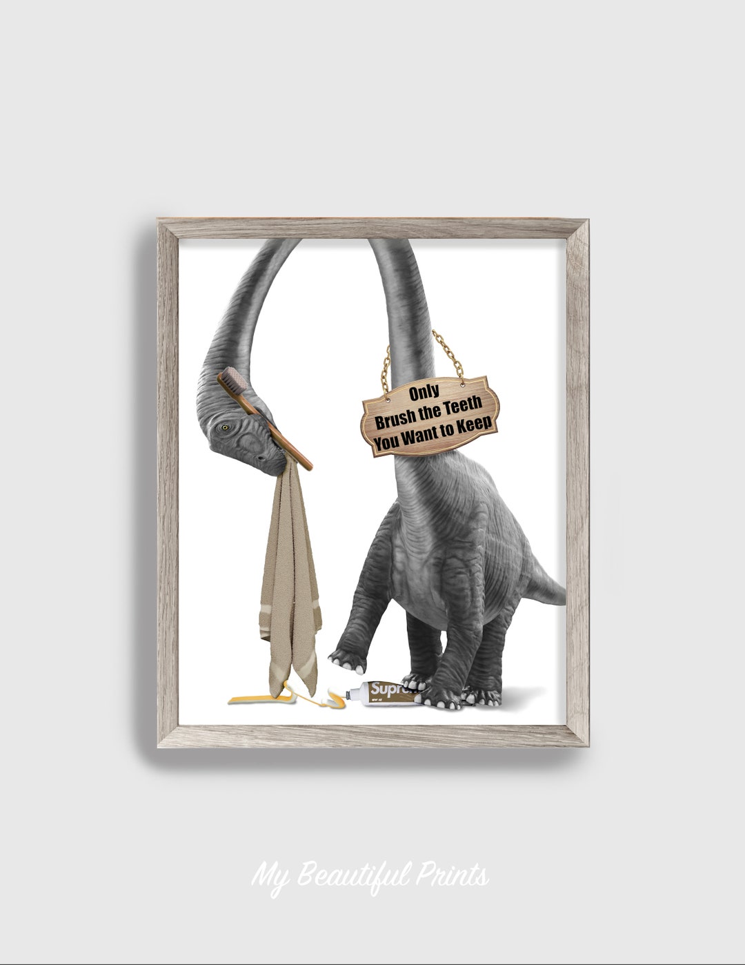 Dinosaur Brush Teeth Print, Black and Gold Brontosaurus Decor, Cute ...