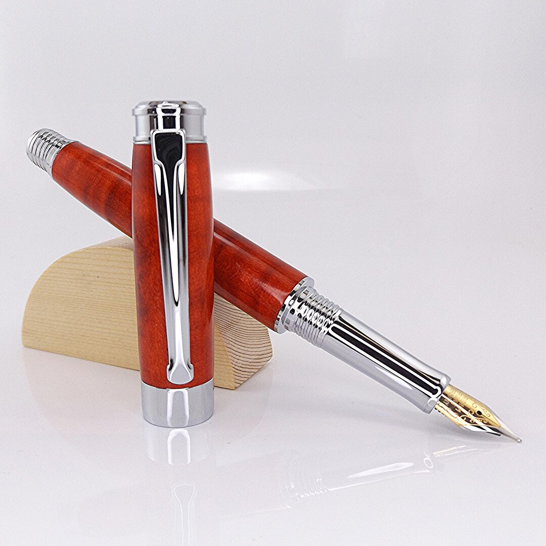 Fountain Pen: Handmade in Maple Burl/burr Wood Tinted Red With Chrome ...