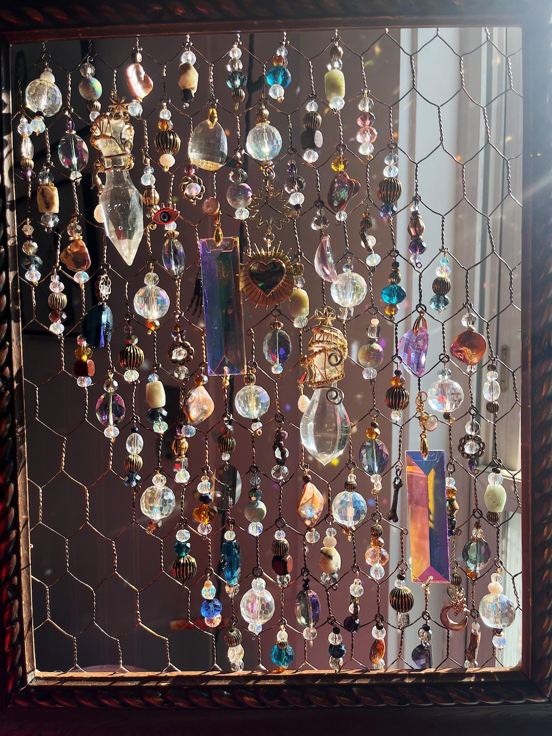 Chicken Wire Suncatcher / Crystal Glass Bead Sun Catcher / Vintage ...