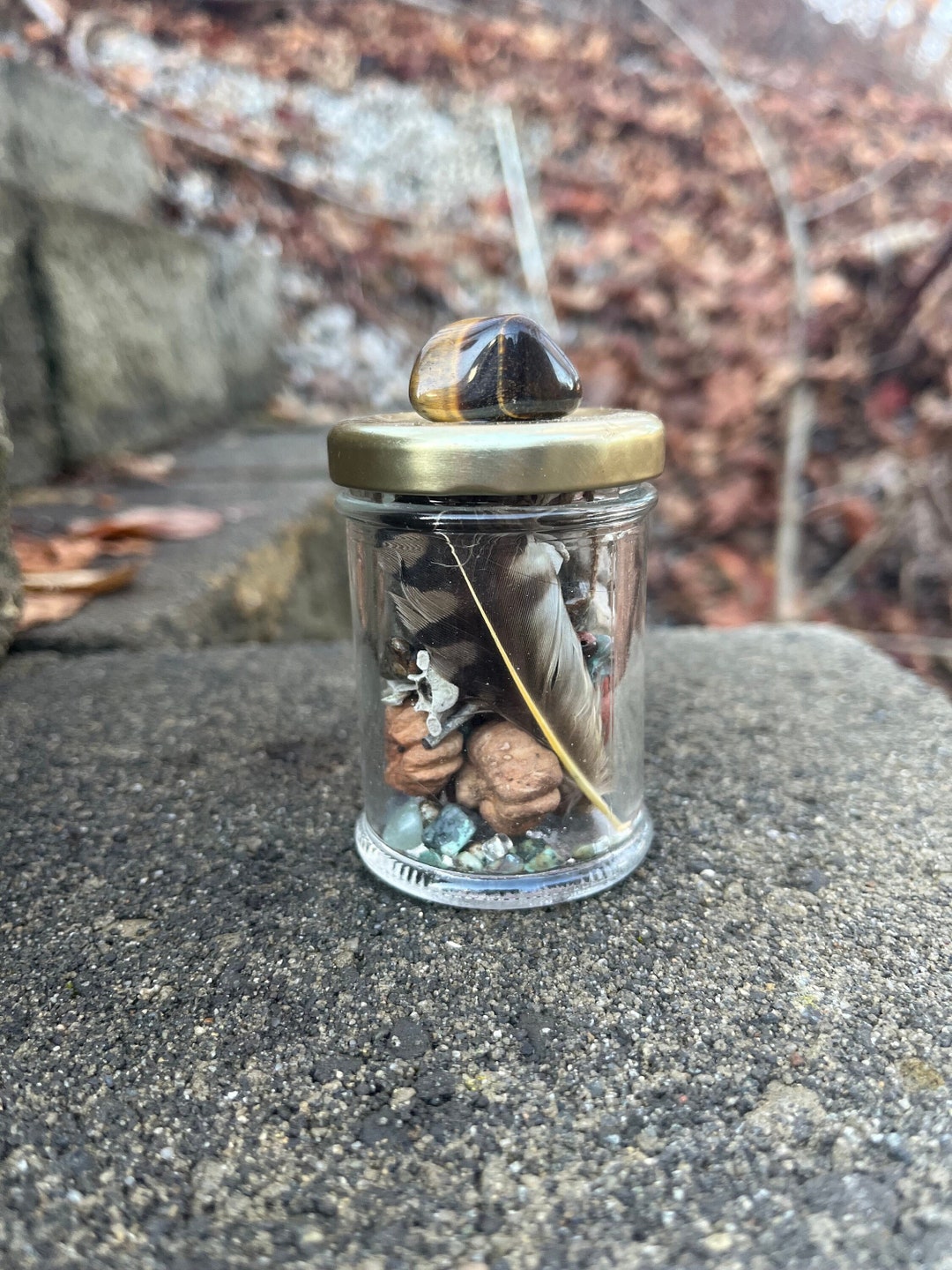 Crystal Topped Oddities Jar: Feather, Bone & Pinecone Trinket Bottle - Etsy