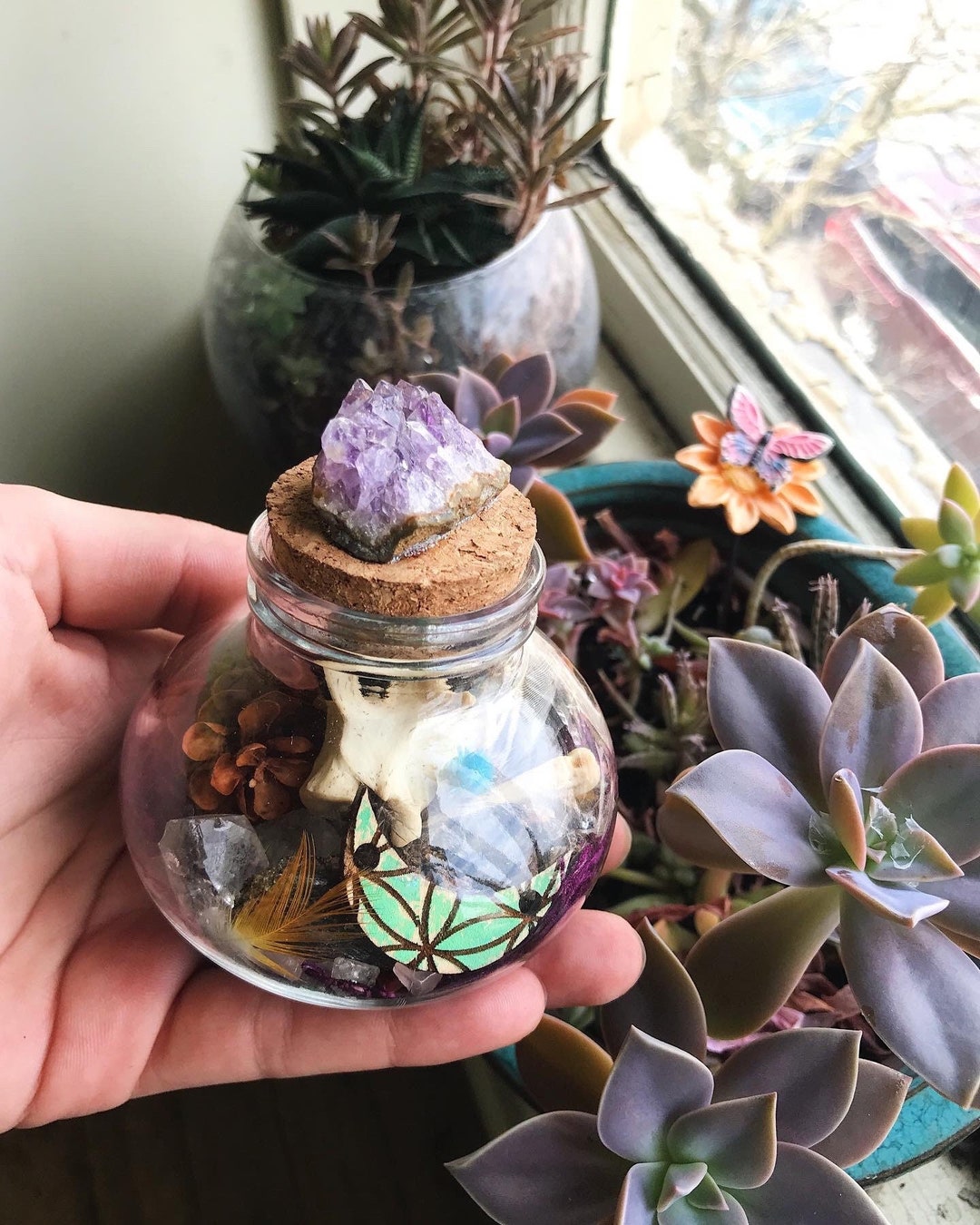 Glass Bottle Spell Jar With Cork / Amethyst, Quartz, Bone & Feather ...