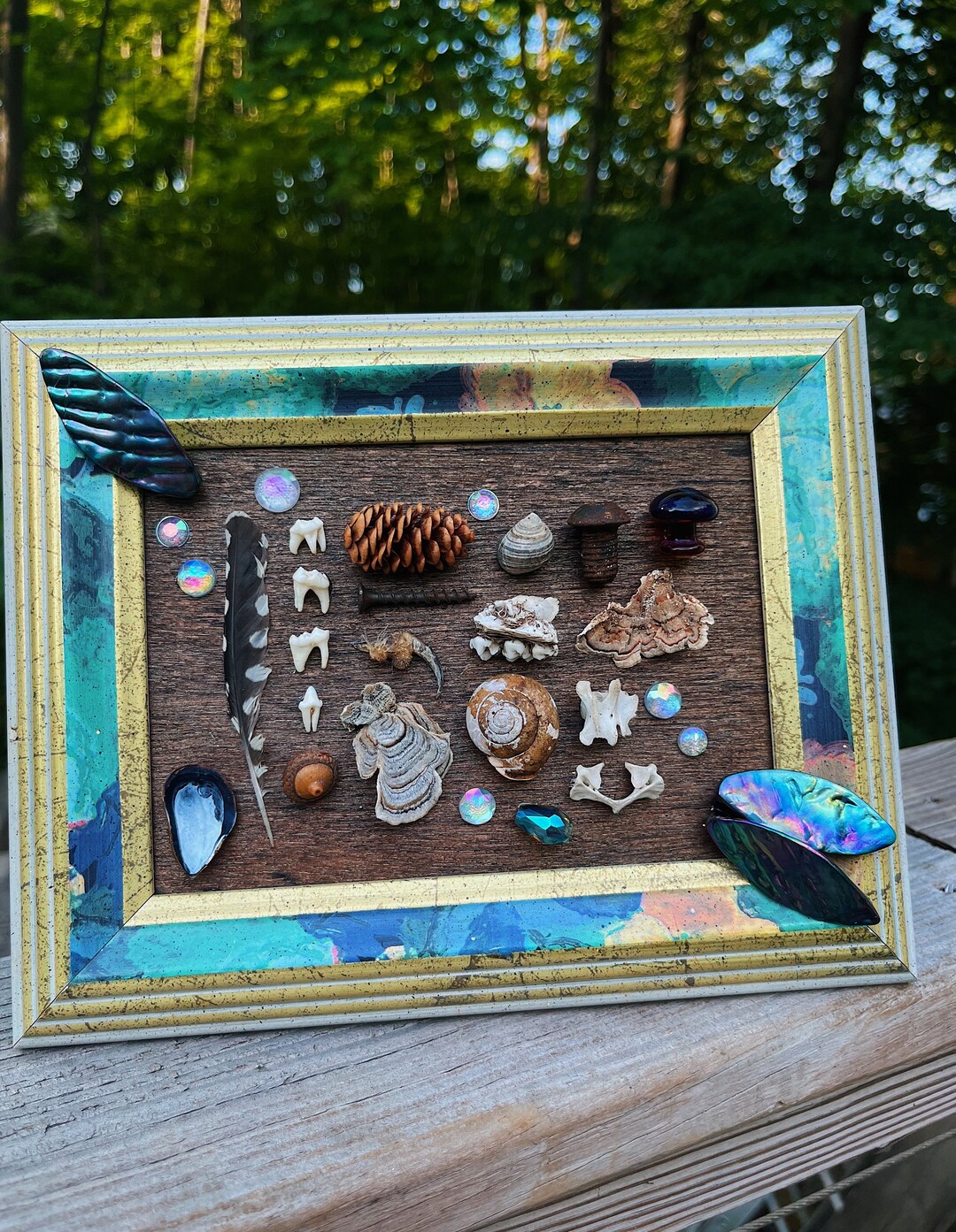 Curiosity Collage Frame / Mixed Media Bone, Feather and Trinket Dark ...