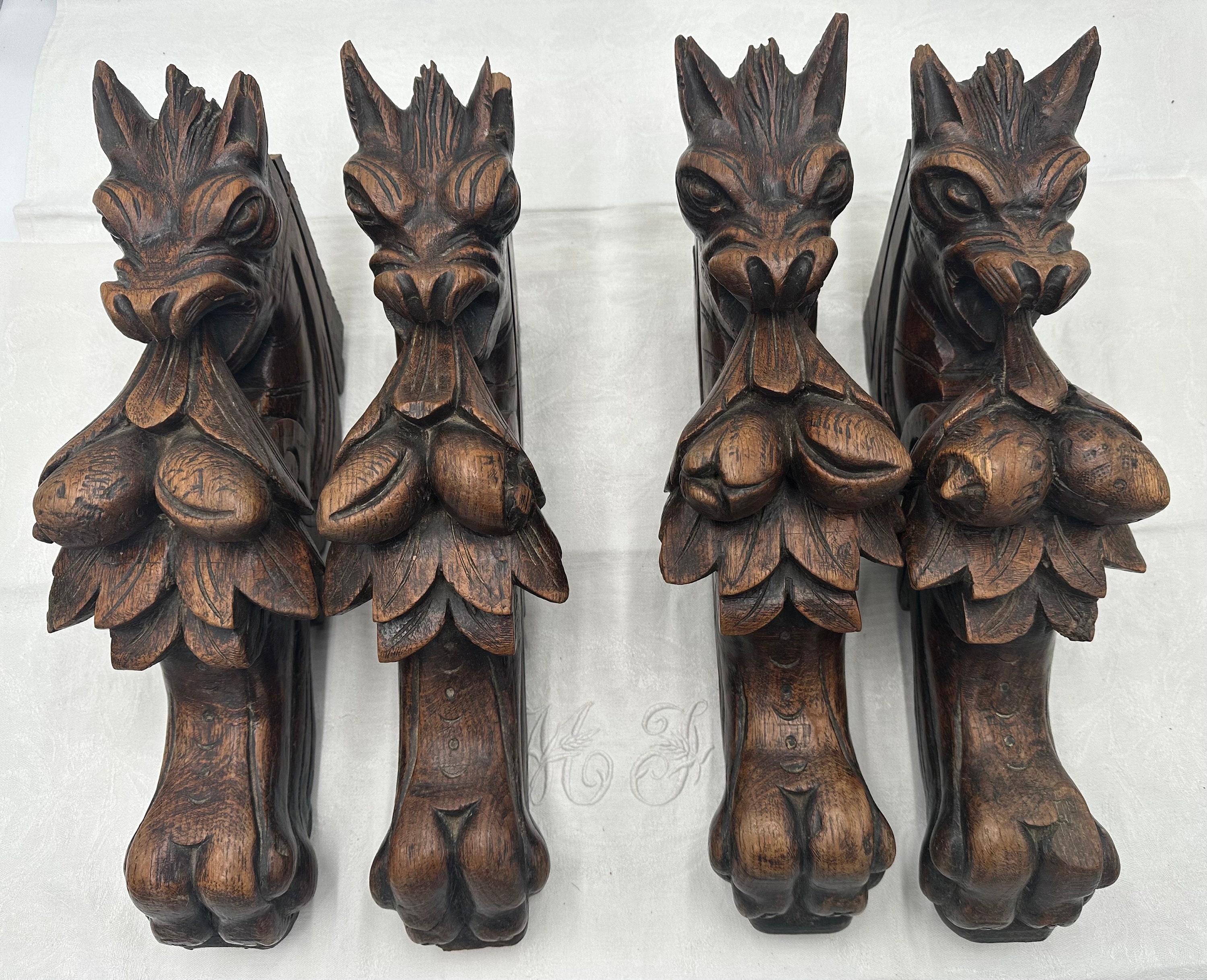 Hand Carved Oak Wood Corbels, Furniture Support, Griffin Dragon Fruits ...