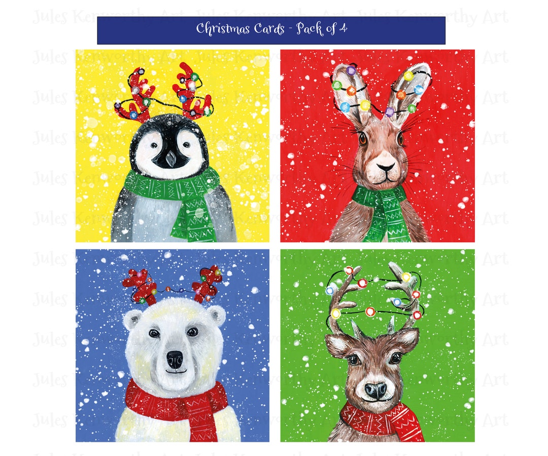 Cute Animals Christmas Cards, 4 Pack Christmas Cards, Brightly Coloured ...