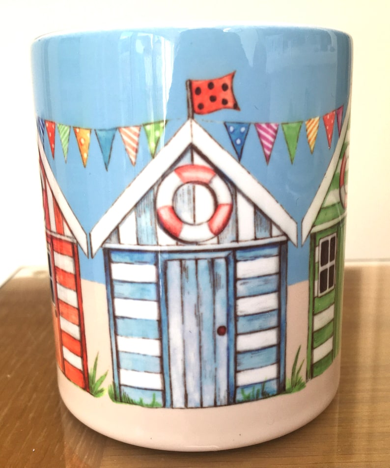 Beach Hut Mug, Brightly Coloured Beach Hut Mug, Personalised Mug, Mug ...