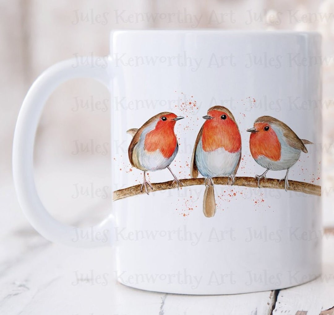 Personalised Robin Gift Set, 3 Robins Ceramic Mug, 3 Robin Illustration ...
