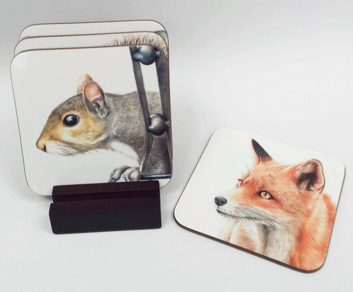 Woodland Coaster Set of 4 in Gift Box Coaster Holder - Etsy