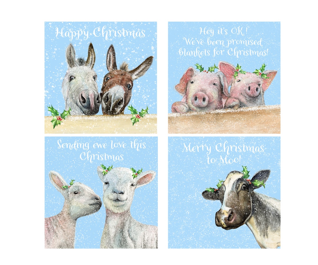 Farm Animals Christmas Cards, 4 Pack Christmas Cards, Cute Farm Animals ...
