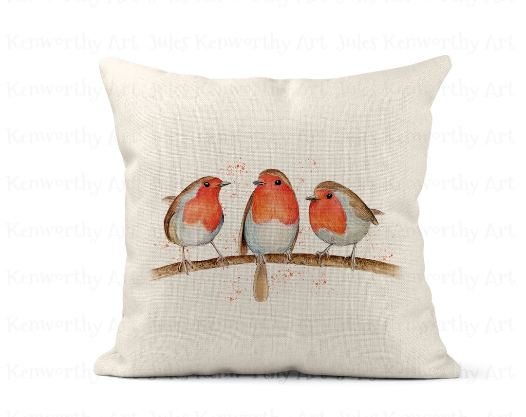 3 Robin Linen Cushion, Robin Gift, 40 X 40, Linen Cushion With Inner ...