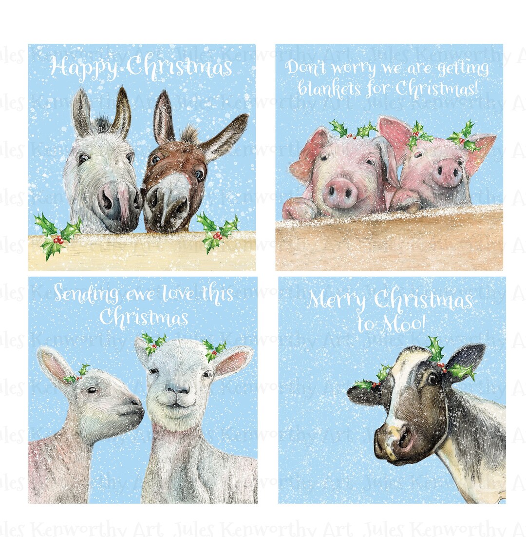 Farm Animals Christmas Cards 4 Pack Christmas Cards Cute - Etsy