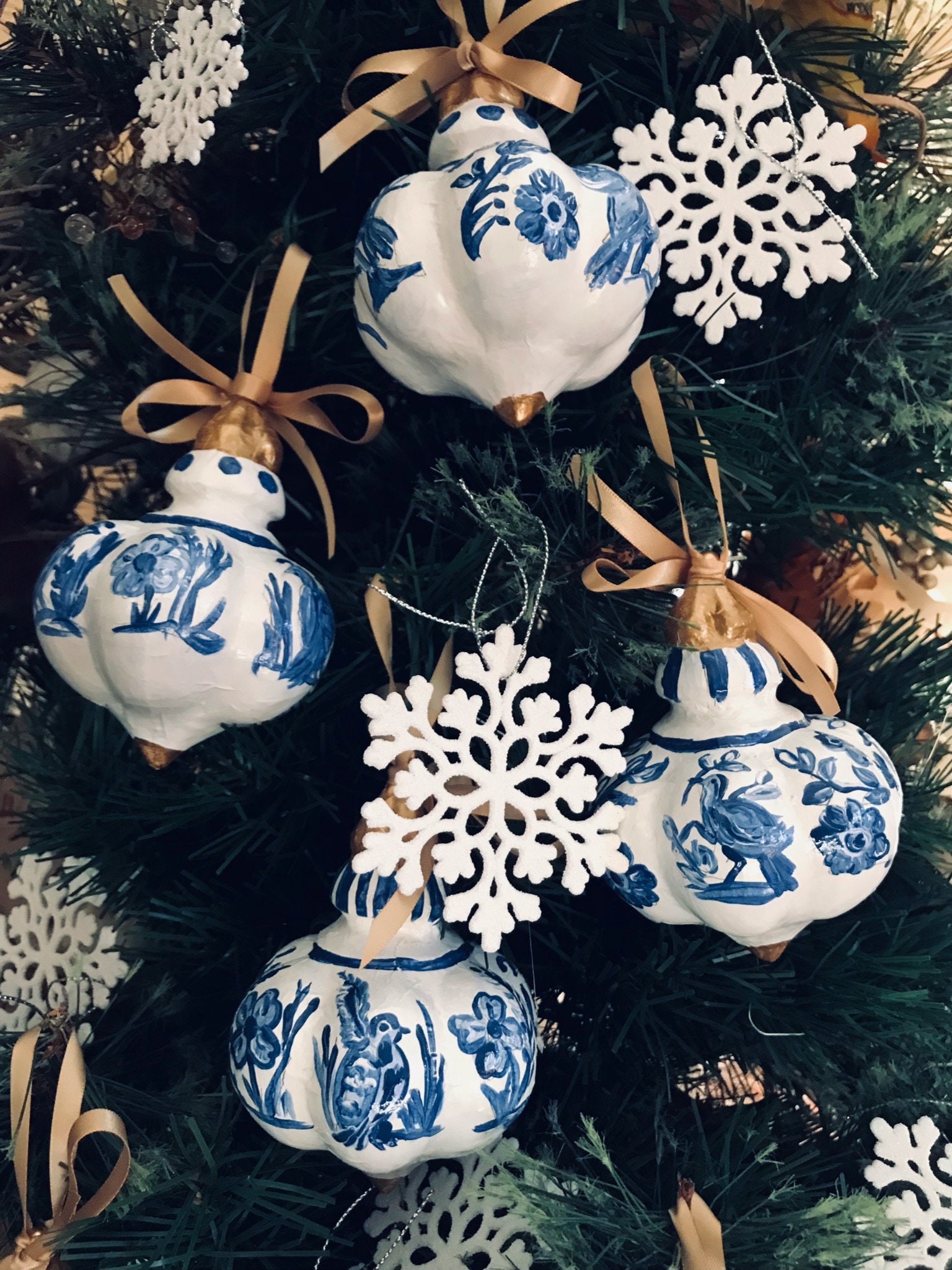 Handpainted Blue and White Paper Mache Ornaments - Etsy