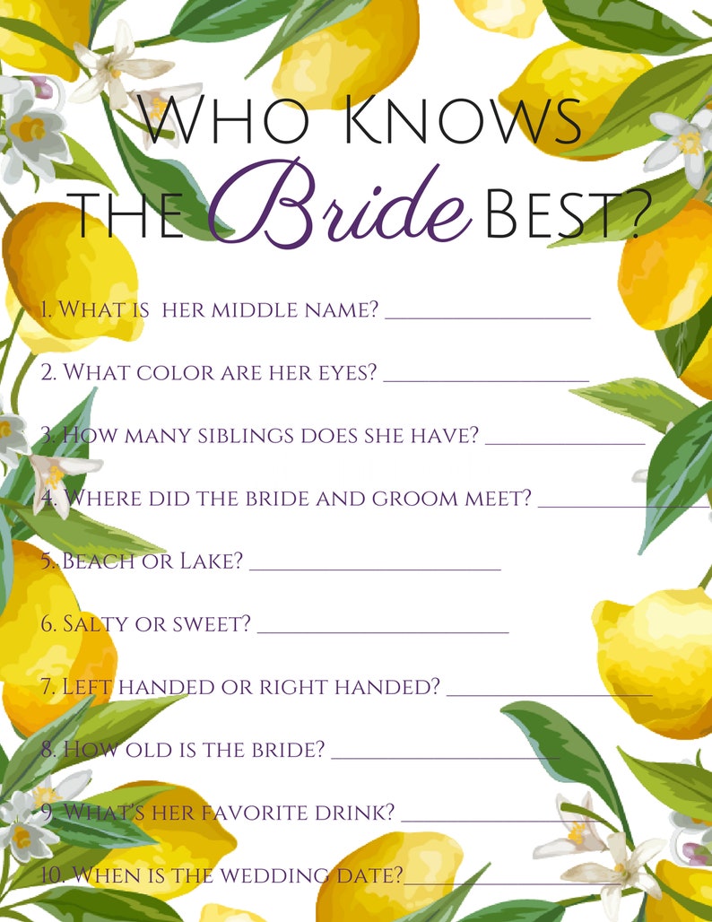 Who Knows the Bride Best Bridal Shower Game Lemon Capri Theme PDF ...