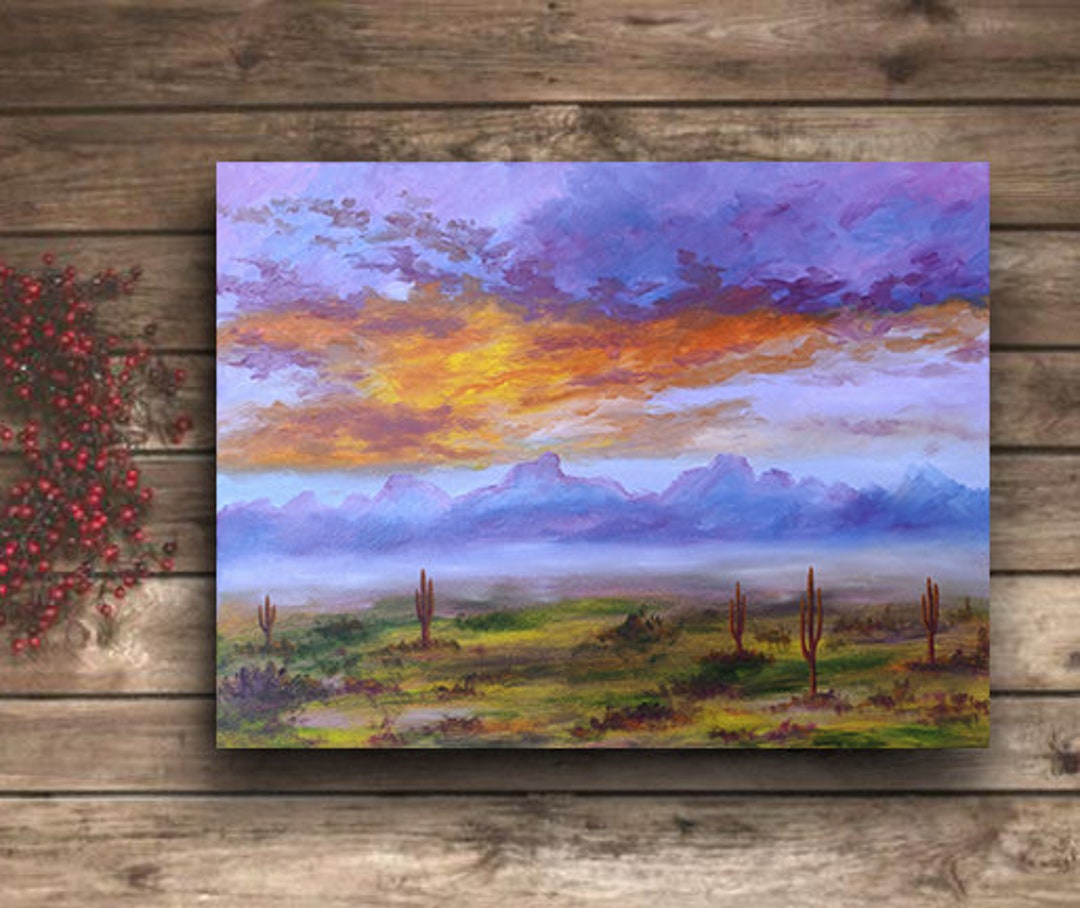 Arizona Saguaro National Park, Desert Cactus, Oil on Canvas, Sunset ...
