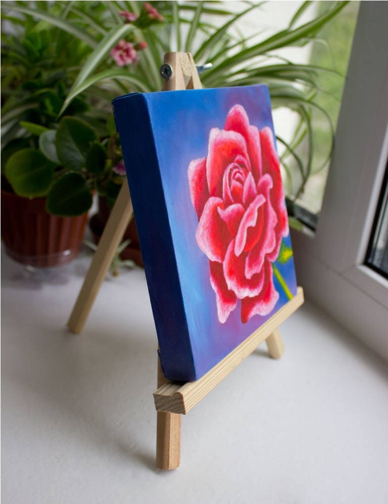 Rose Miniature Painting, Red Rose Art Oil, Mini Canvas With Easel, Hand ...