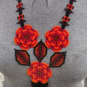 Flower Huichol Necklace, Mexican Necklace Mexican Jewelry, Huichol Jewelry, Boho Ethnic Beadwork ...