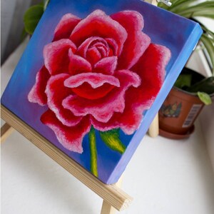 Rose Miniature Painting, Red Rose Art Oil, Mini Canvas With Easel, Hand ...