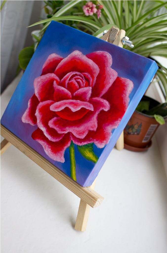 Rose Miniature Painting, Red Rose Art Oil, Mini Canvas With Easel, Hand ...